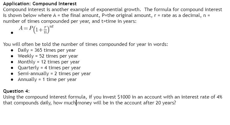 Solved Application: Compound Interest Compound interest is | Chegg.com