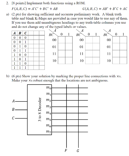 Solved F(A,B,C)=A′C′+BC′+ABG(A,B,C)=AB′+B′C+AC a) (2 pts) | Chegg.com