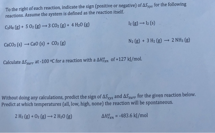 Solved To the right of each reaction, indicate the sign | Chegg.com
