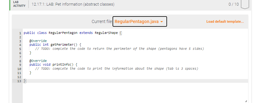 Solved 12.17 LAB: Pet information (abstract classes) Regular | Chegg.com