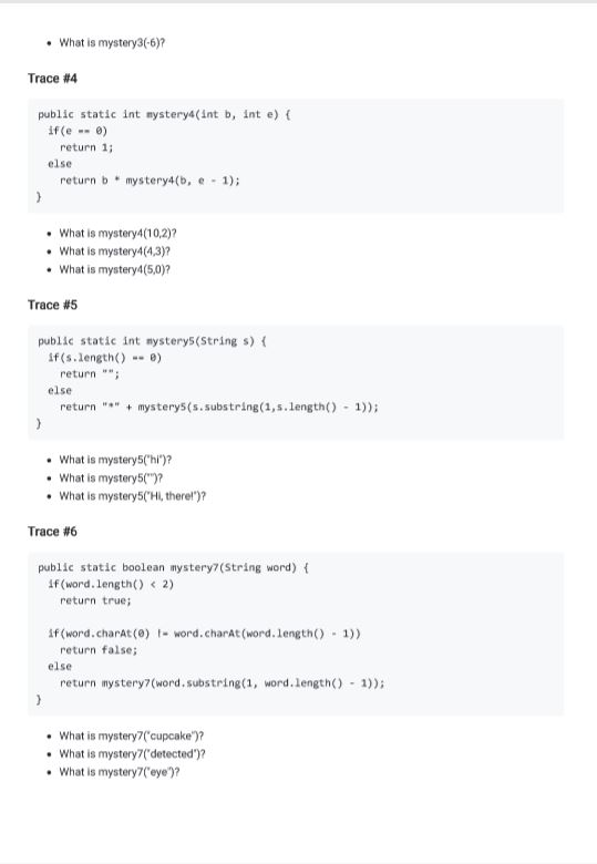 Solved Tracing through recursive methods Trace through each | Chegg.com