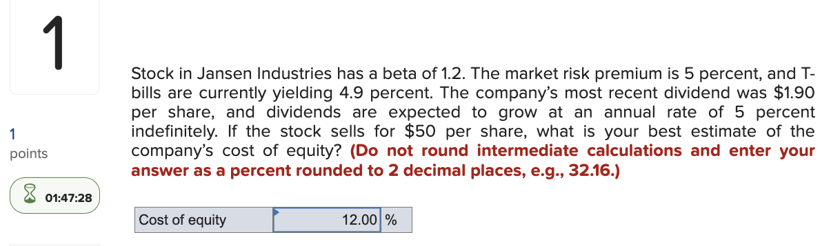 Solved Stock in Jansen Industries has a beta of 1.2. ﻿The | Chegg.com