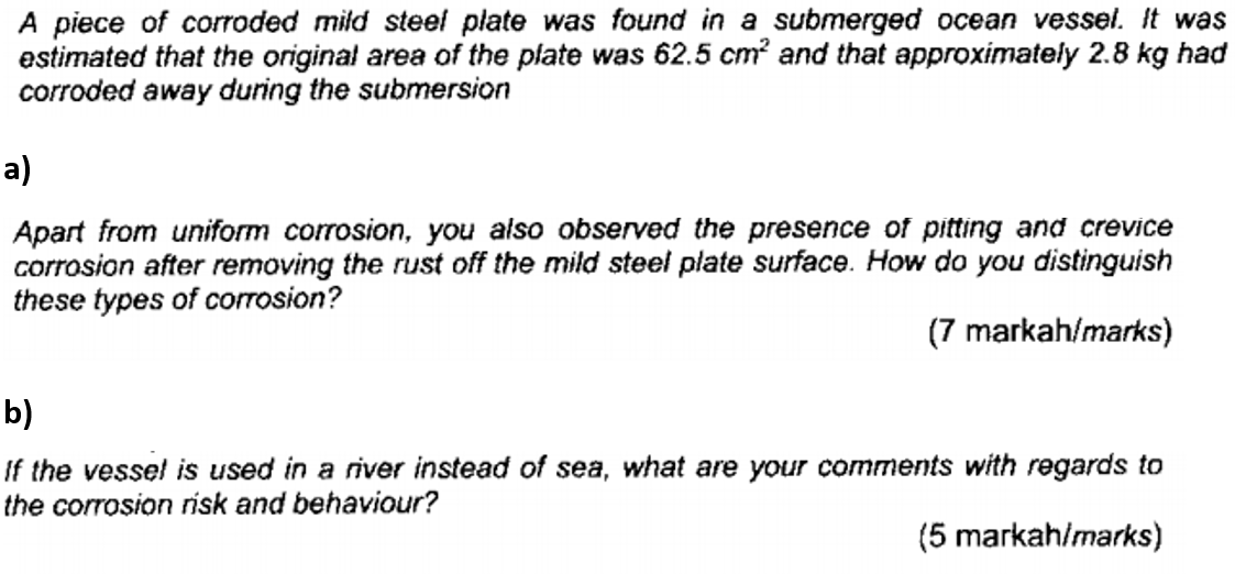 A piece of corroded mild steel plate was found in a | Chegg.com