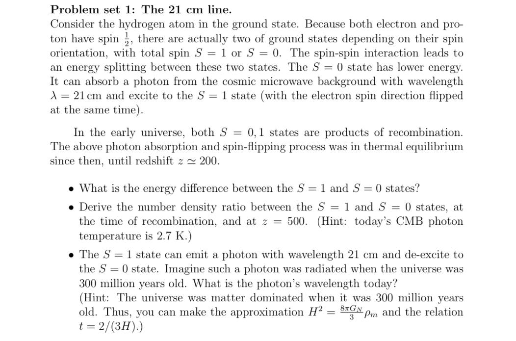 Solved Problem set 1: The 21 cm line. Consider the hydrogen | Chegg.com