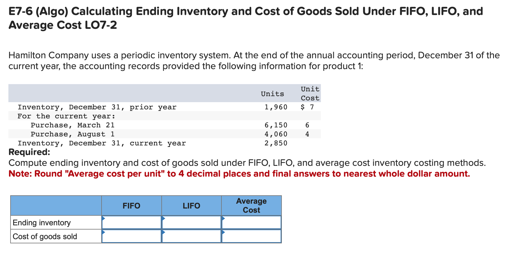 E7-6 (Algo) Calculating Ending Inventory and Cost of | Chegg.com