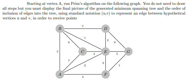 Solved Starting at vertex A, run Prim's algorithm on the | Chegg.com