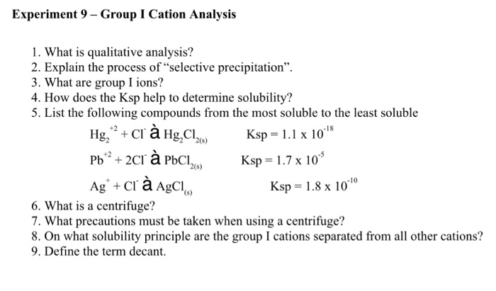 Solved Experiment 9 - Group I Cation Analysis 1. What is | Chegg.com