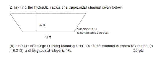 Solved 2. (a) Find the hydraulic radius of a trapezoidal | Chegg.com