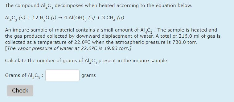 Solved Calculate the number of grams of Al4C3 present in the | Chegg.com