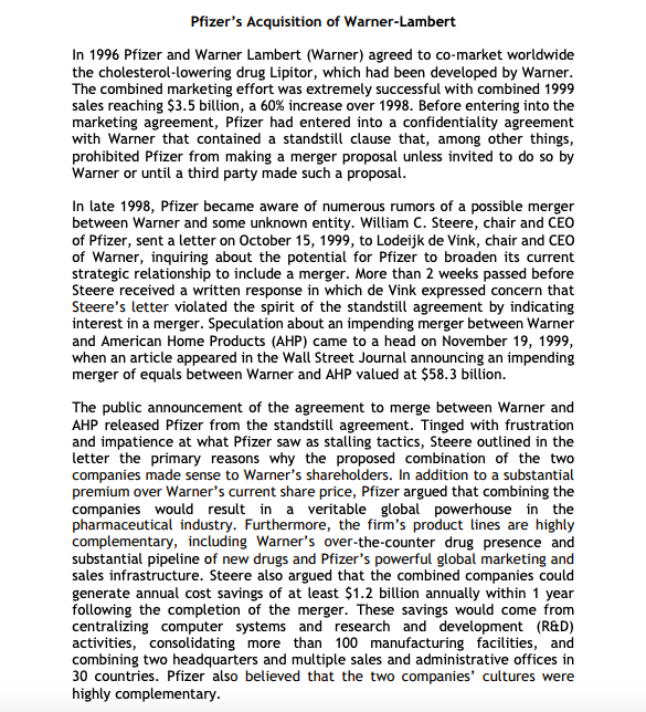 Solved Pfizer's Acquisition of Warner-Lambert In 1996 Pfizer | Chegg.com
