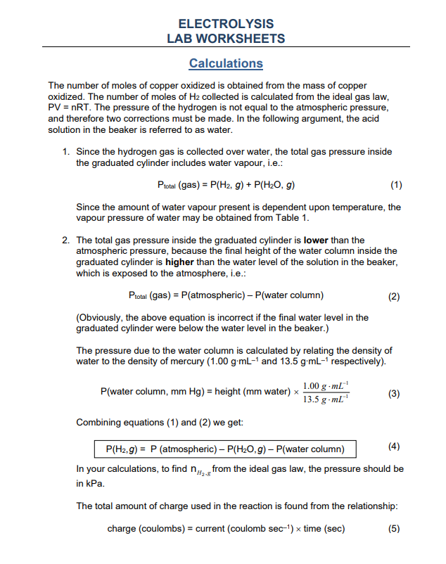 Solved ELECTROLYSIS LAB WORKSHEETS Calculations The number | Chegg.com