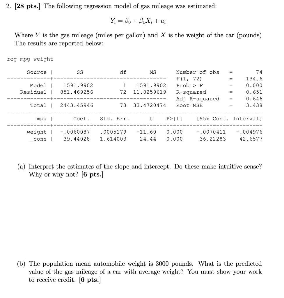 Solved 2. (28 pts.] The following regression model of gas | Chegg.com