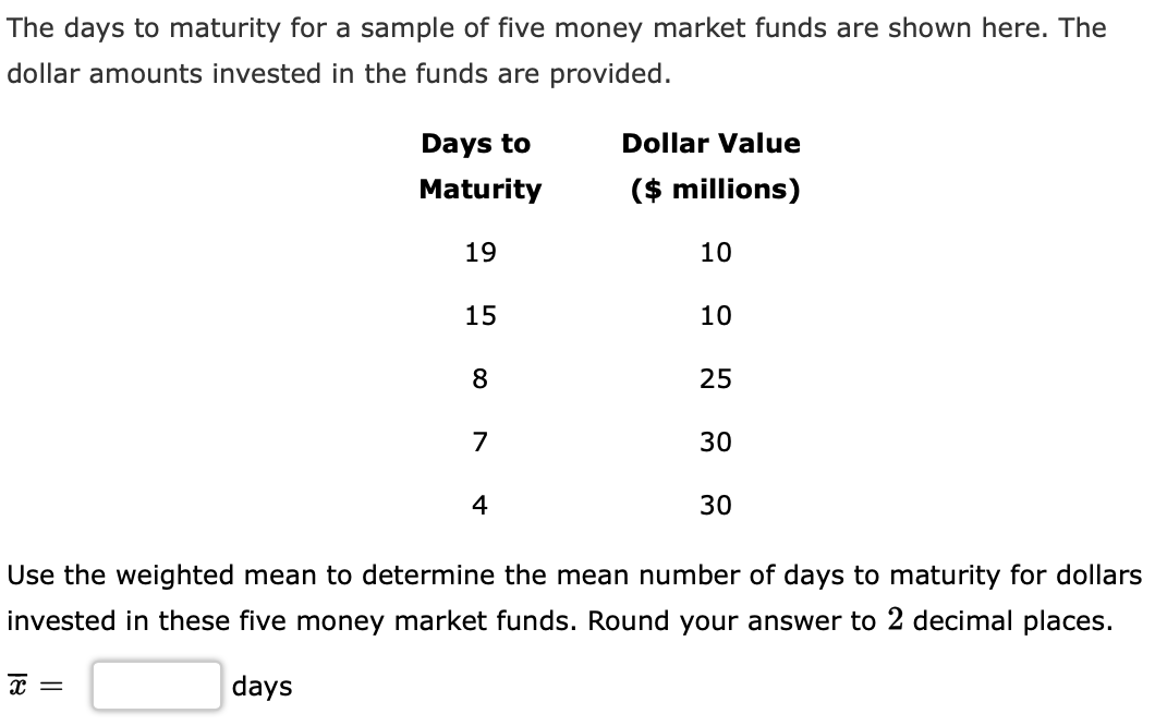 Solved The days to maturity for a sample of five money | Chegg.com