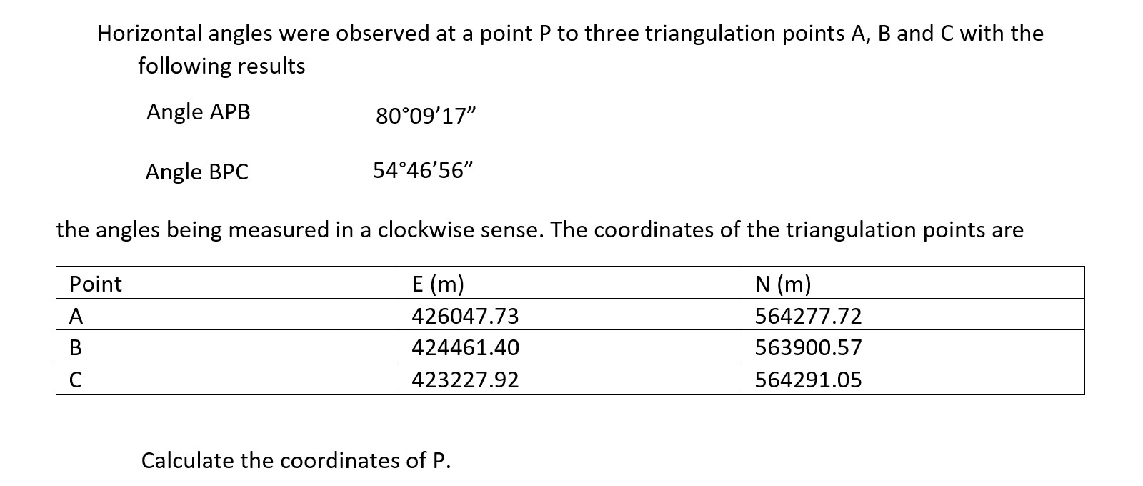 Solved Horizontal angles were observed at a point P to three | Chegg.com
