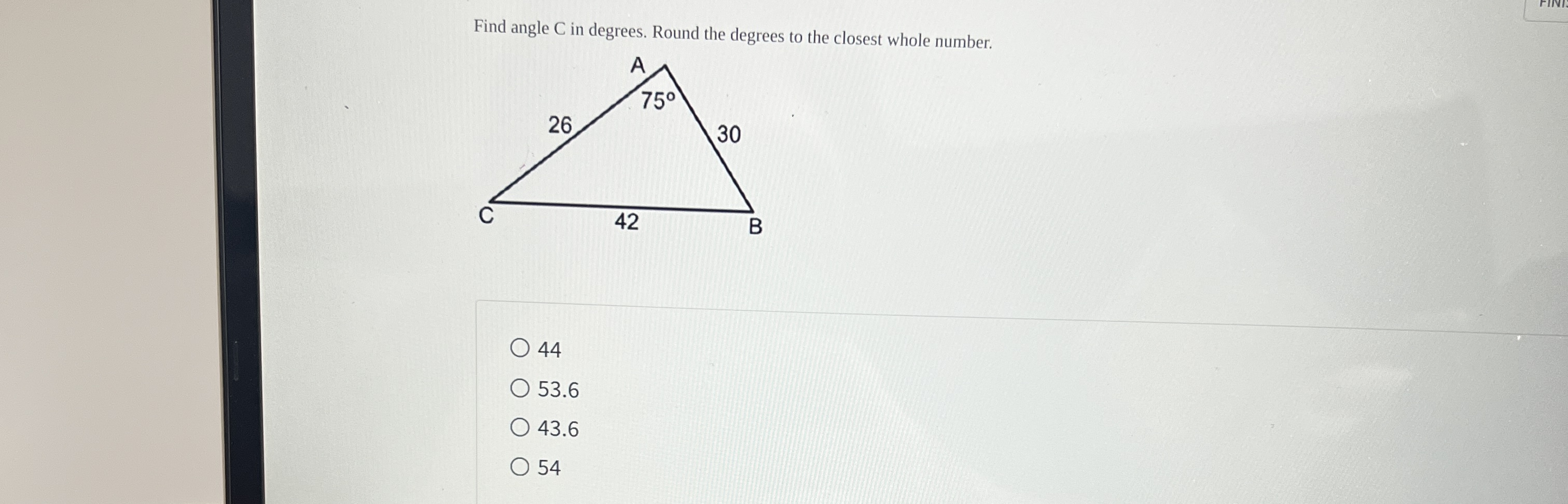 [Solved]: Find angle C in degrees. Round the degrees to the