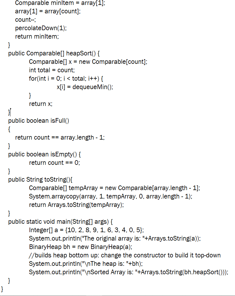 Solved Complete the class BinaryHeap.java by providing the | Chegg.com