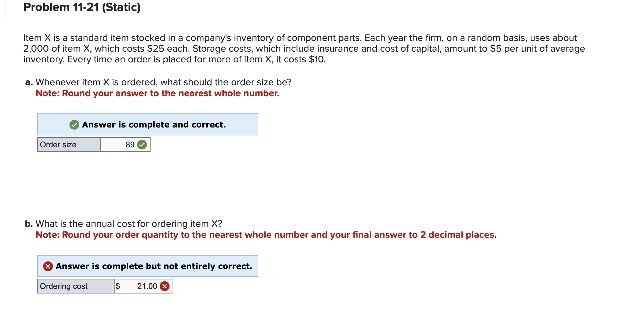Solved Problem 11-21 (Static)Item x ﻿is a standard item | Chegg.com