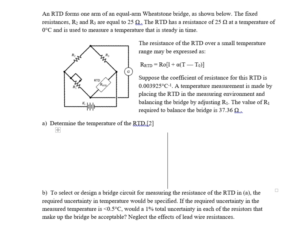 Solved An RTD forms one arm of an equal-arm Wheatstone | Chegg.com