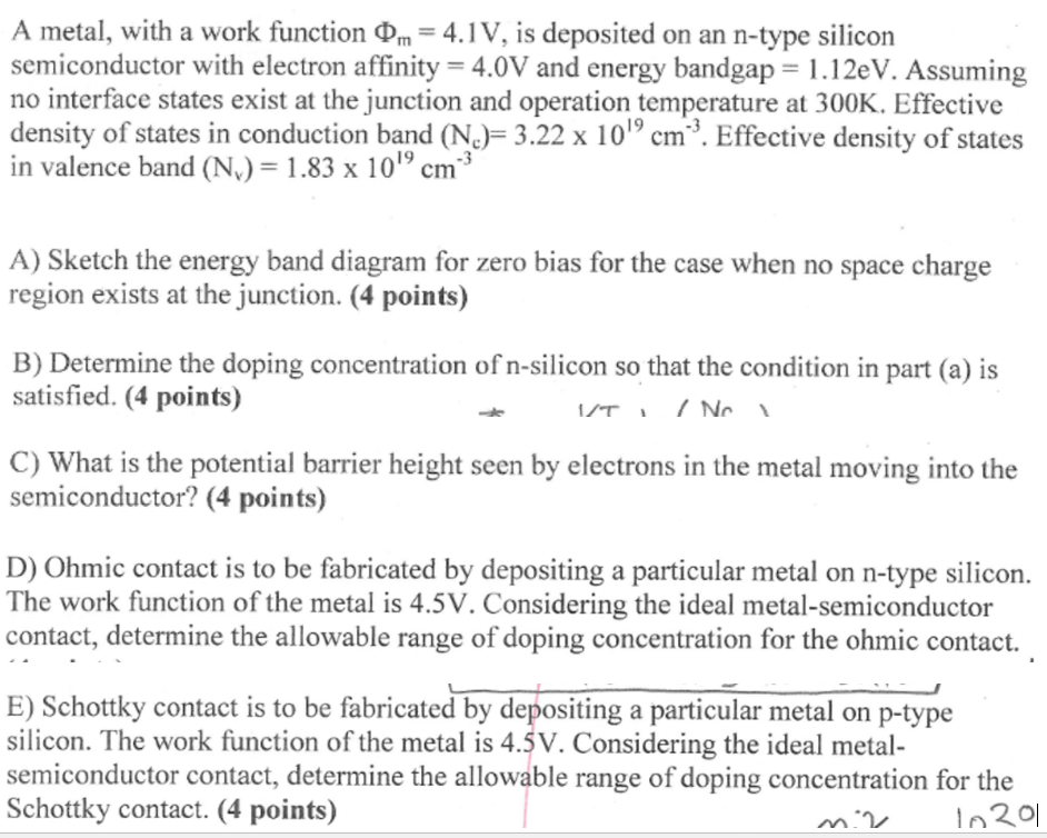 Solved A metal, with a work function Ф,,-41 V, is deposited | Chegg.com