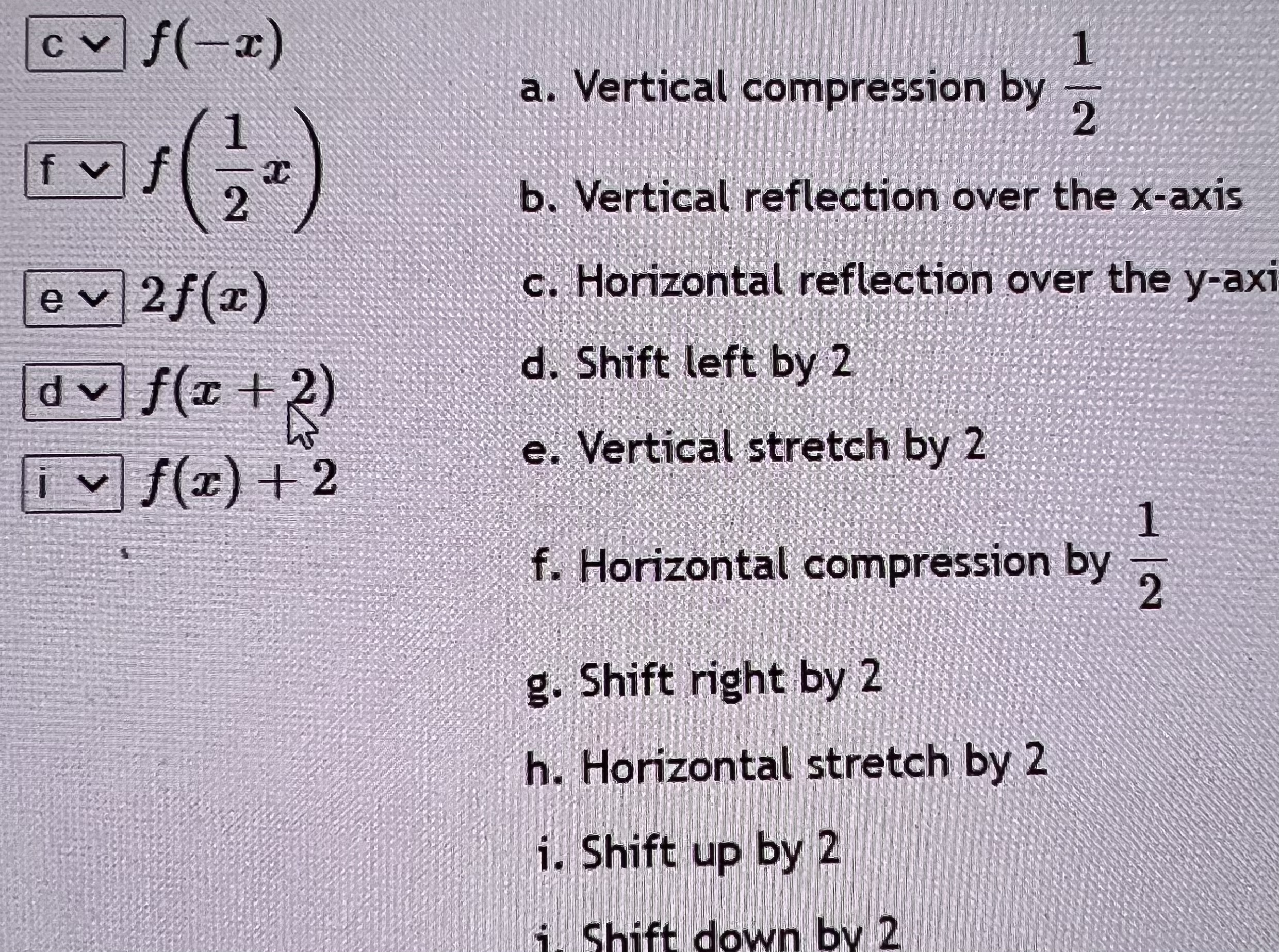 Solved f(−x)f(21x) a. Vertical compression by 21 b. Vertical | Chegg.com