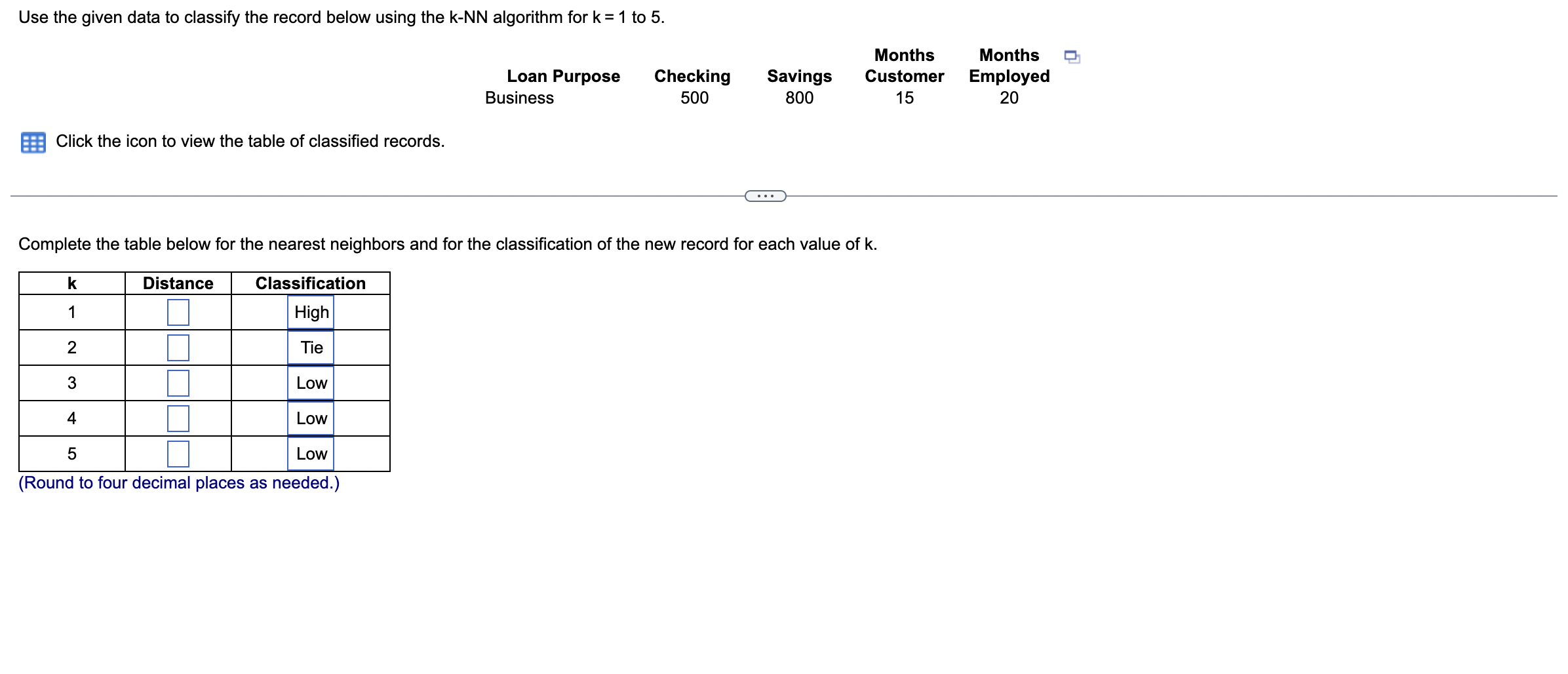 Solved Use the given data to classify the record below using | Chegg.com