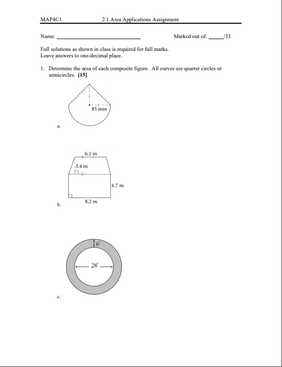 Solved MAP4C1 2.1 Area Applications Assignment Name: Marked | Chegg.com