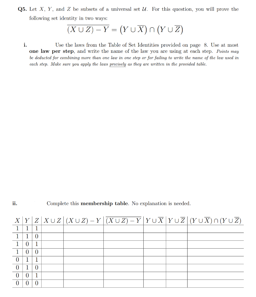 Solved Q5. Let X, Y, and Z be subsets of a universal set U. | Chegg.com