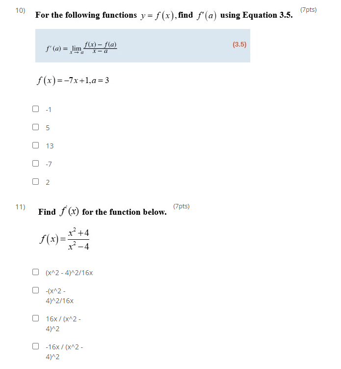 Solved 10) For the following functions y=f(x), find f′(a) | Chegg.com
