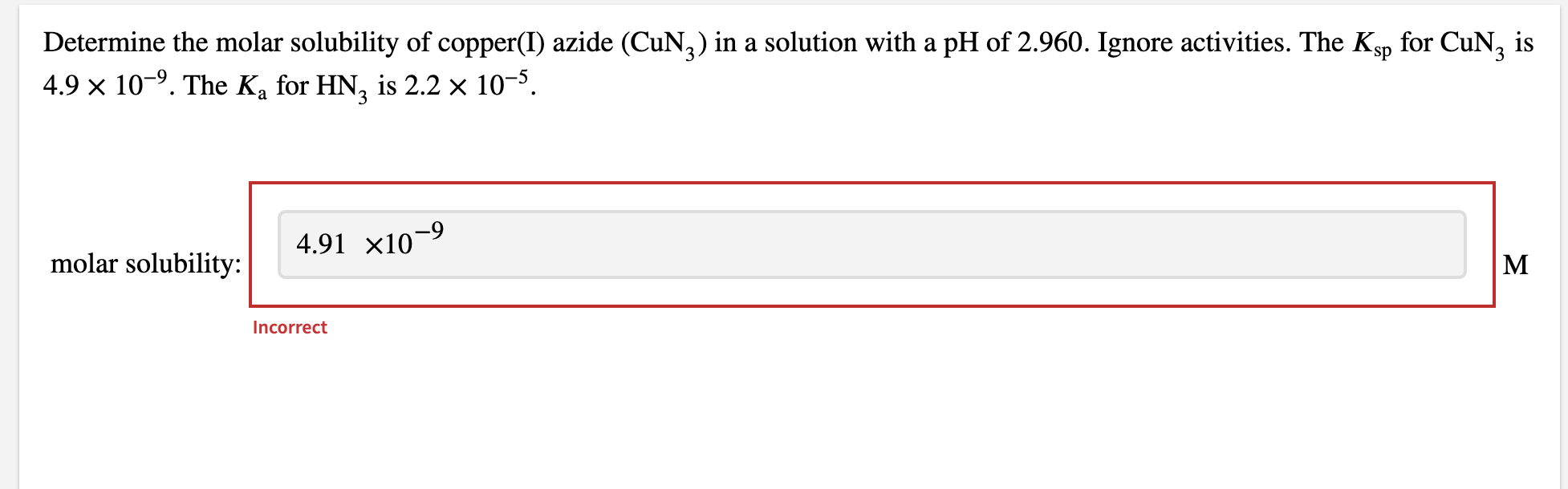 Solved Determine the molar solubility of copper(I) azide | Chegg.com