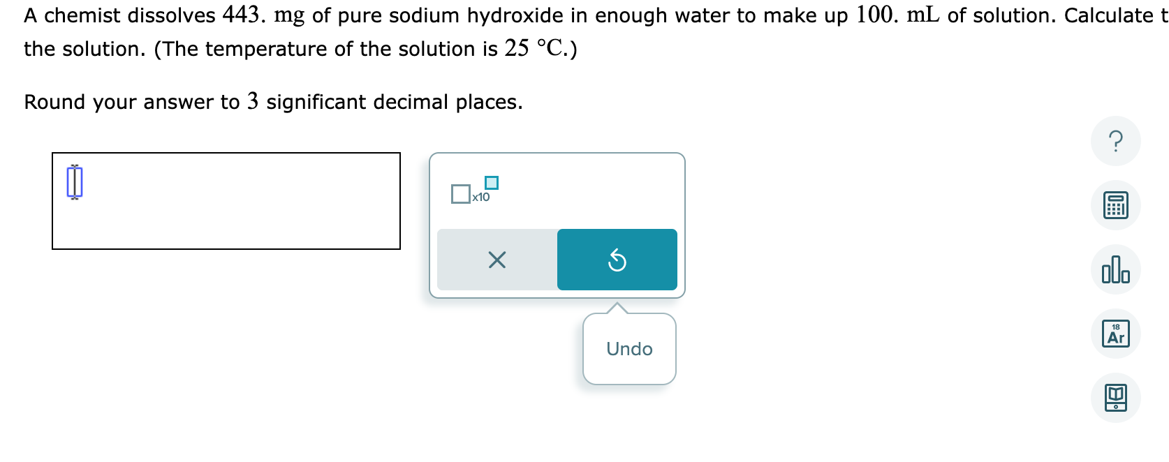 Solved A chemist dissolves 443.mg of pure sodium hydroxide | Chegg.com
