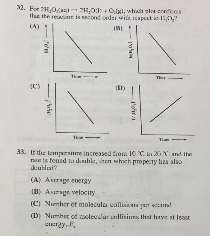 Solved 32. For 2H2O2(aq) - 2H2O(l) + O2(g), which plot | Chegg.com