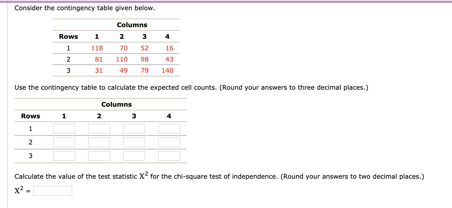Solved Consider the contingency table given below. Rows 1 2 | Chegg.com