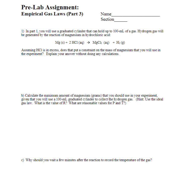 Solved Pre-Lab Assignment: Empirical Gas Laws (Part 3) Name | Chegg.com