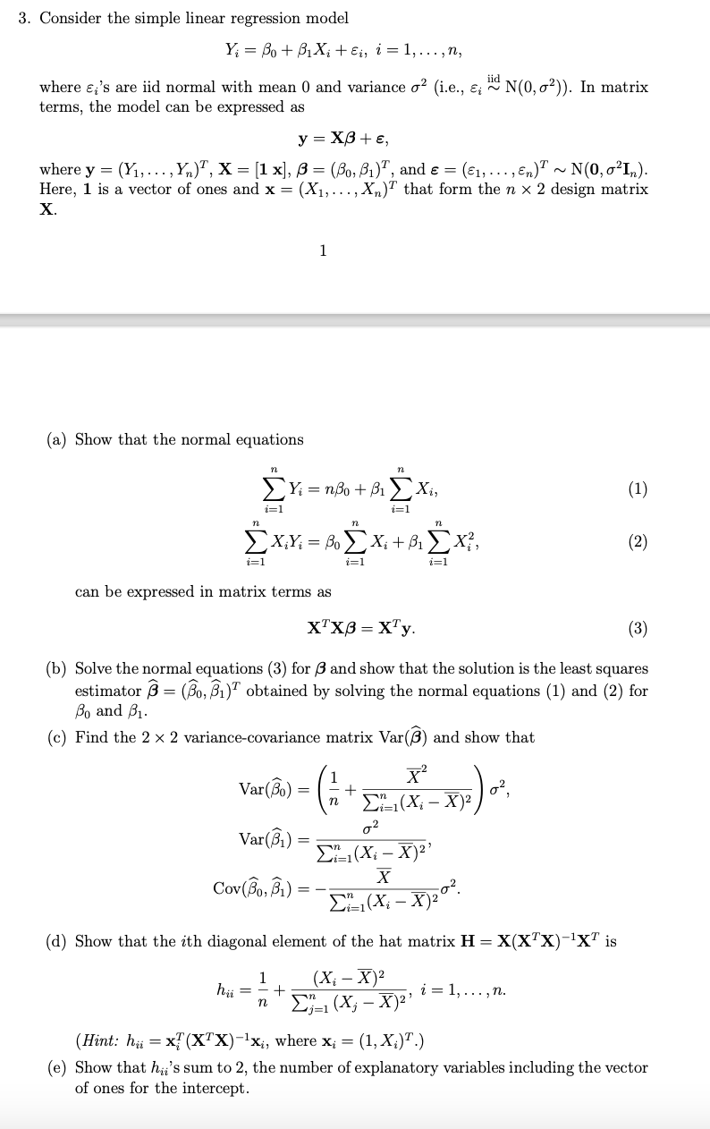 Solved 3. Consider the simple linear regression model Y; = | Chegg.com