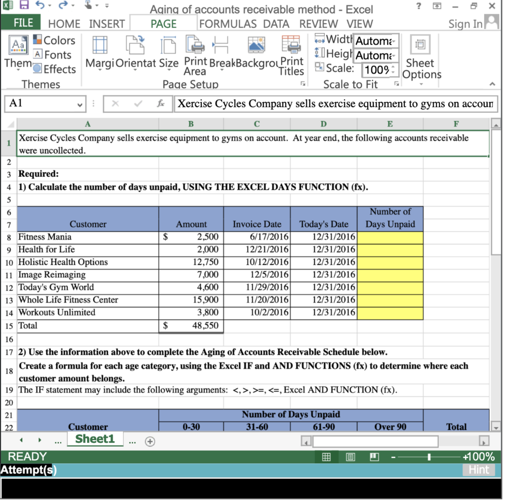 Solved ? Х 1 XD Aging of accounts receivable method - Excel | Chegg.com