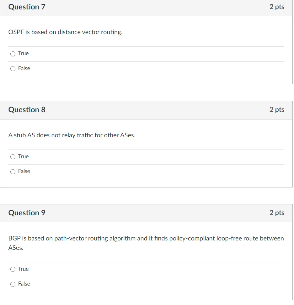 Solved Question 7 2 pts OSPF is based on distance vector | Chegg.com