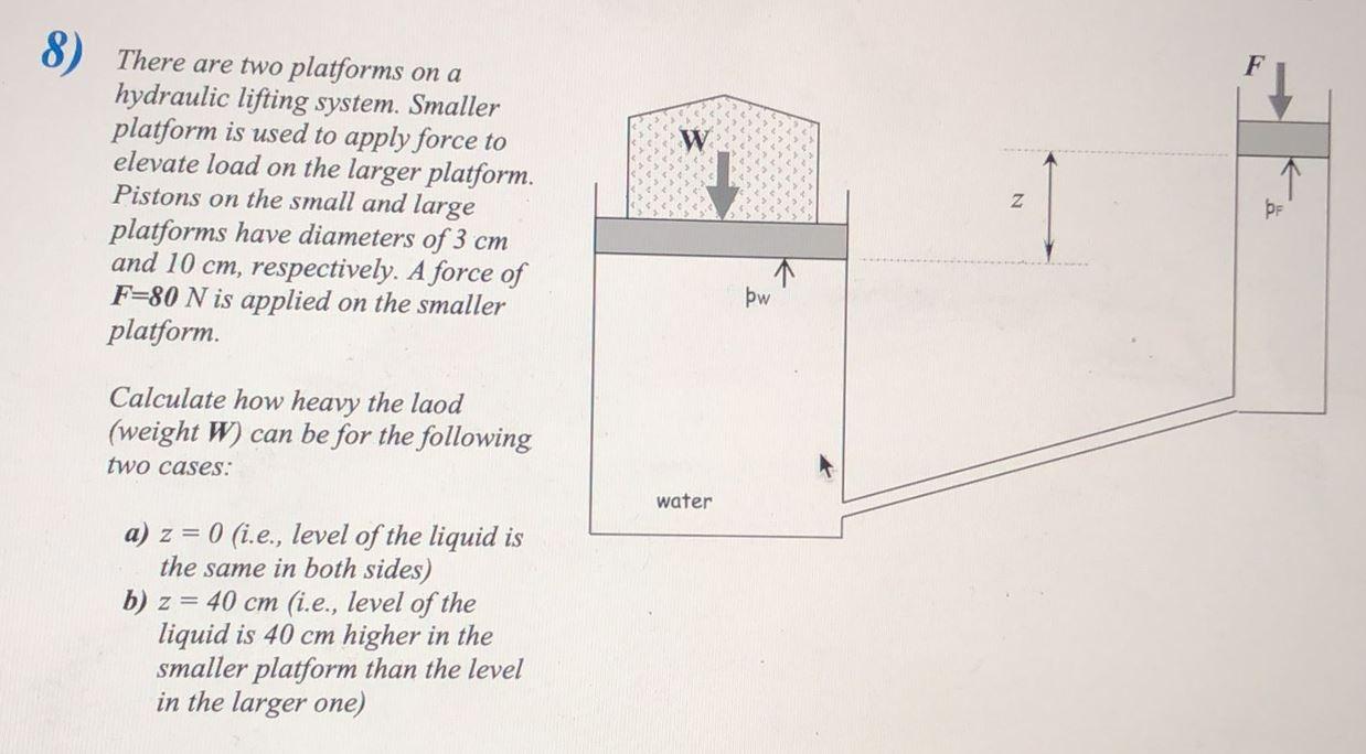 Solved 8) There are two platforms on a hydraulic lifting | Chegg.com