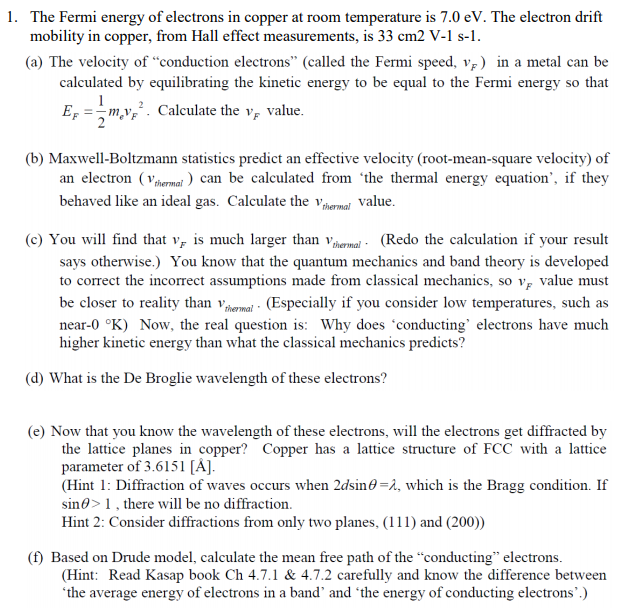 Solved 1. The Fermi energy of electrons in copper at room | Chegg.com