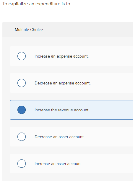 Solved To capitalize an expenditure is to: Multiple Choice | Chegg.com