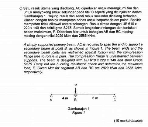 c) Satu rasuk utama yang disokong, AC diperlukan | Chegg.com