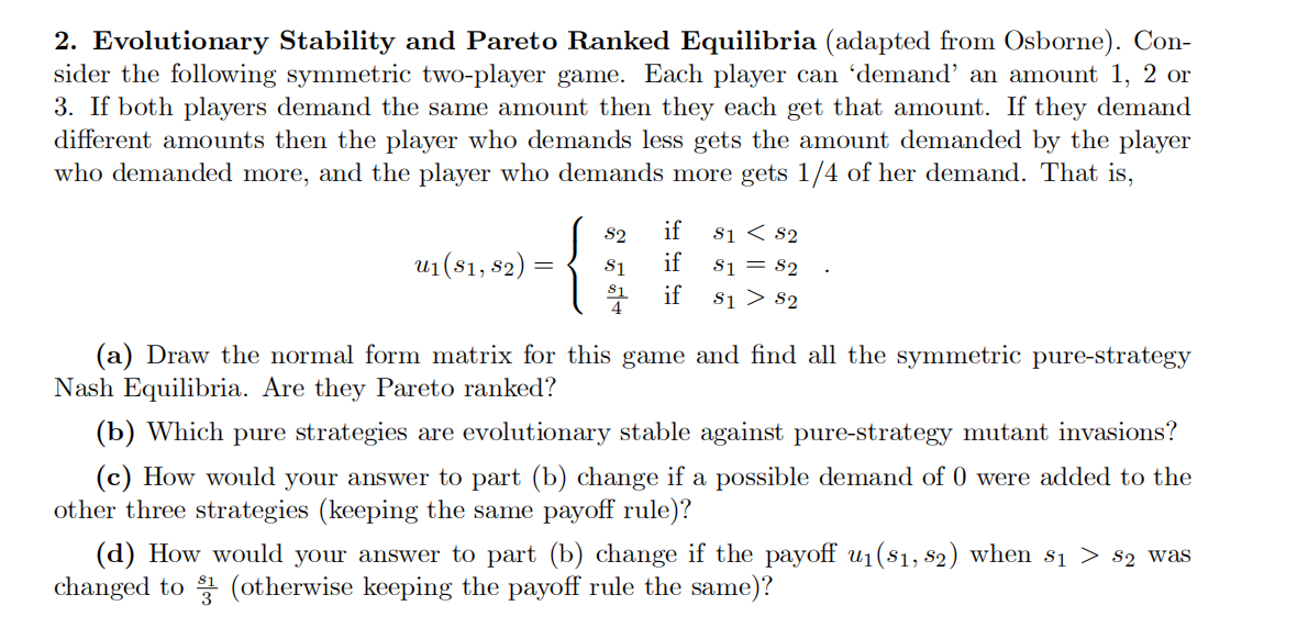 2. Evolutionary Stability and Pareto Ranked | Chegg.com