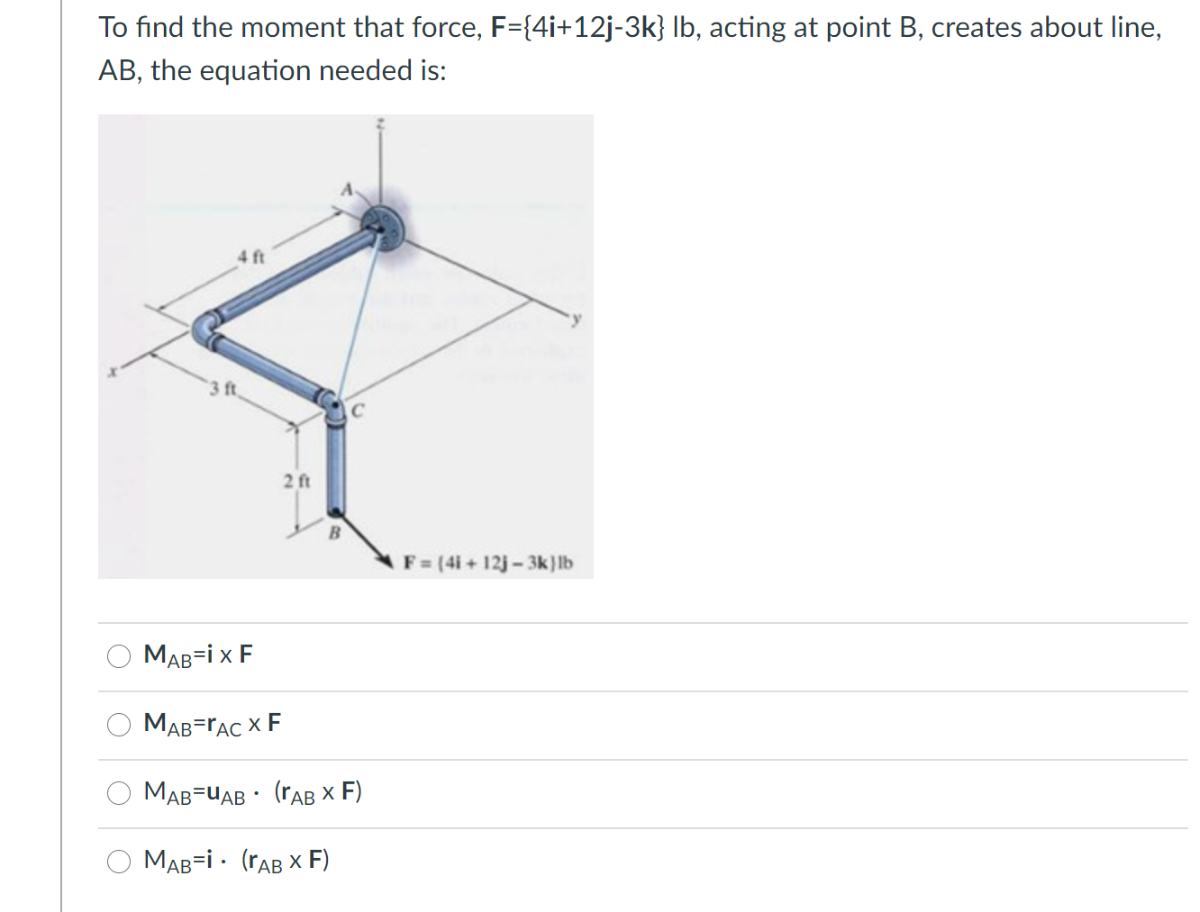 Solved To find the moment that force, F={4i+12j-3k} lb, | Chegg.com