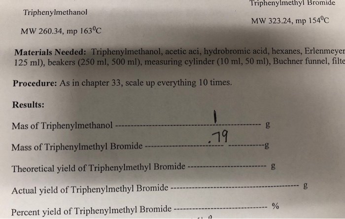 Solved Triphenylmethyl Bromide Triphenylmethanol Mw 323.24, | Chegg.com