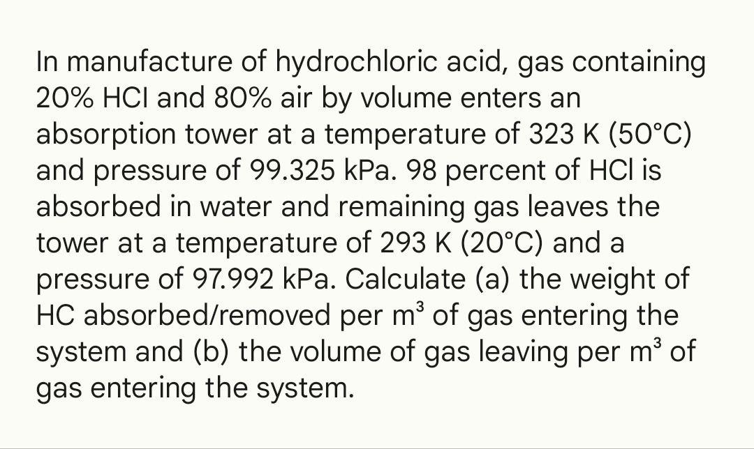 Solved In manufacture of hydrochloric acid, gas containing | Chegg.com