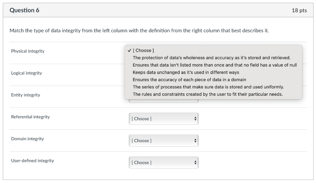 Solved Match the type of data integrity from the left column | Chegg.com