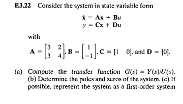E3.22 Consider the system in state variable form | Chegg.com