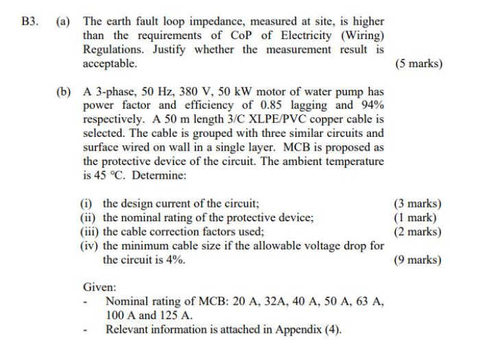 Solved B3. (a) The earth fault loop impedance, measured at | Chegg.com