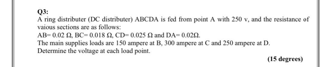 Solved Q3: A ring distributer (DC distributer) ABCDA is fed | Chegg.com
