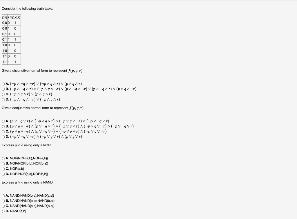 Solved Consider the following truth table. pqrf(p,q,r) 000 1 | Chegg.com