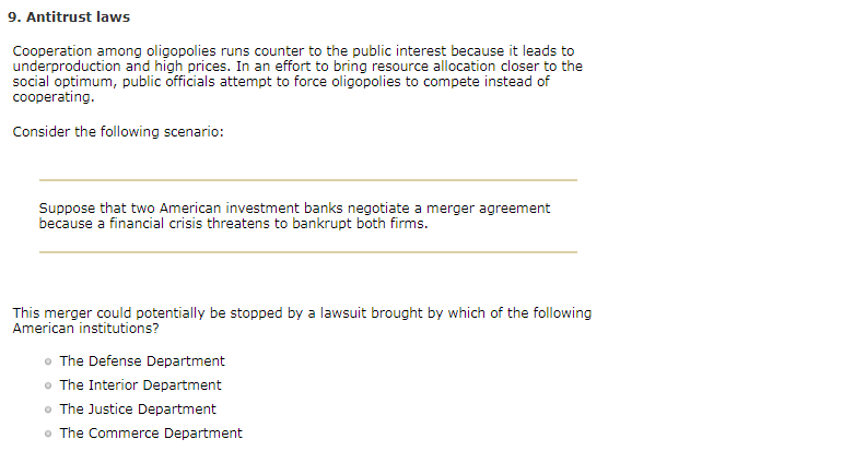 Solved 9. Antitrust laws Cooperation among oligopolies runs | Chegg.com